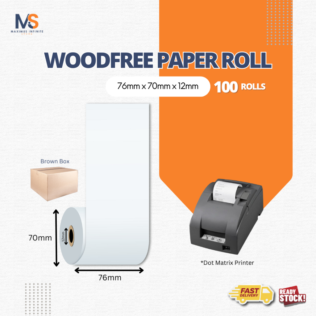 76mm x 70mm x 12mm - 100 Rolls/ Woodfree Paper Roll / Receipt Paper ...