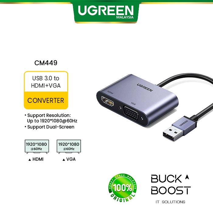 UGREEN (CM449) USB 3.0 TO HDMI + VGA CONVERTER (20518) | Shopee Singapore