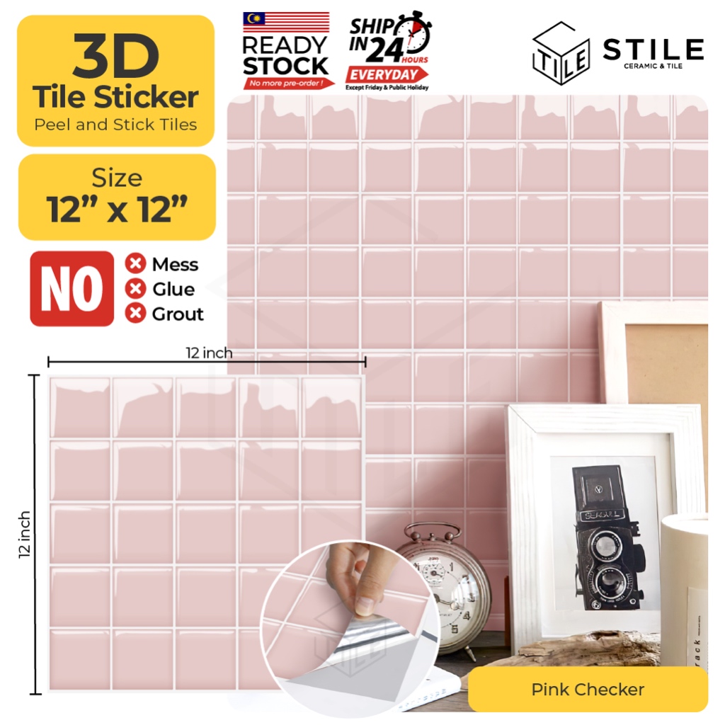 Pink Checker 3D Tiles Sticker Kitchen Bathroom Wall Tiles Sticker Self ...