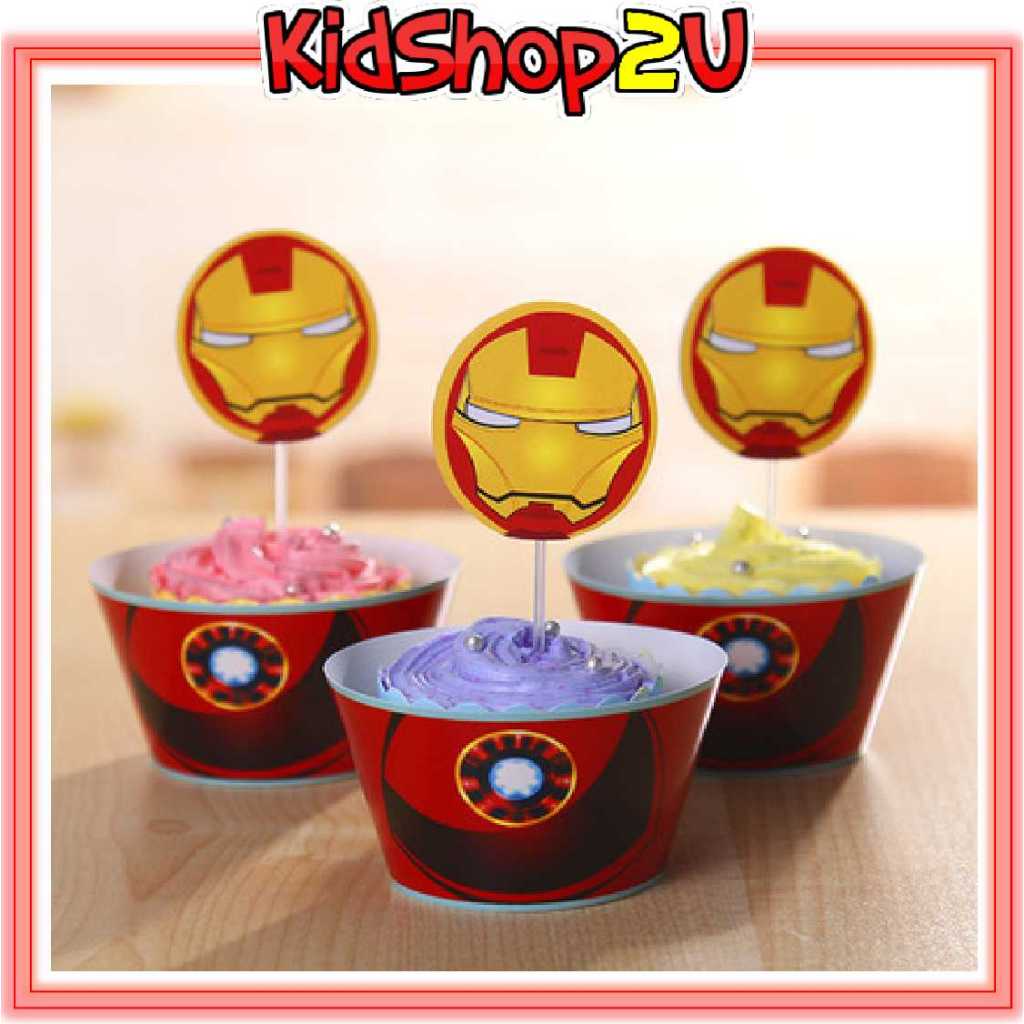 Birthday Party Cupcake Topper (12 Pcs Wrapper + 12Pcs Topper) Iron Man ...