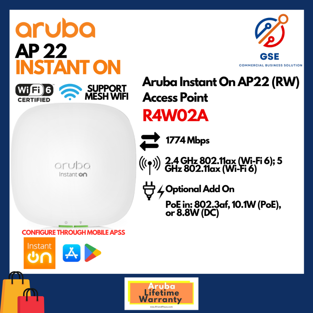ARUBA INSTANT ON AP22 (RW) 2X2 WI-FI 6 INDOOR ACCESS POINT ( R4W02A ...