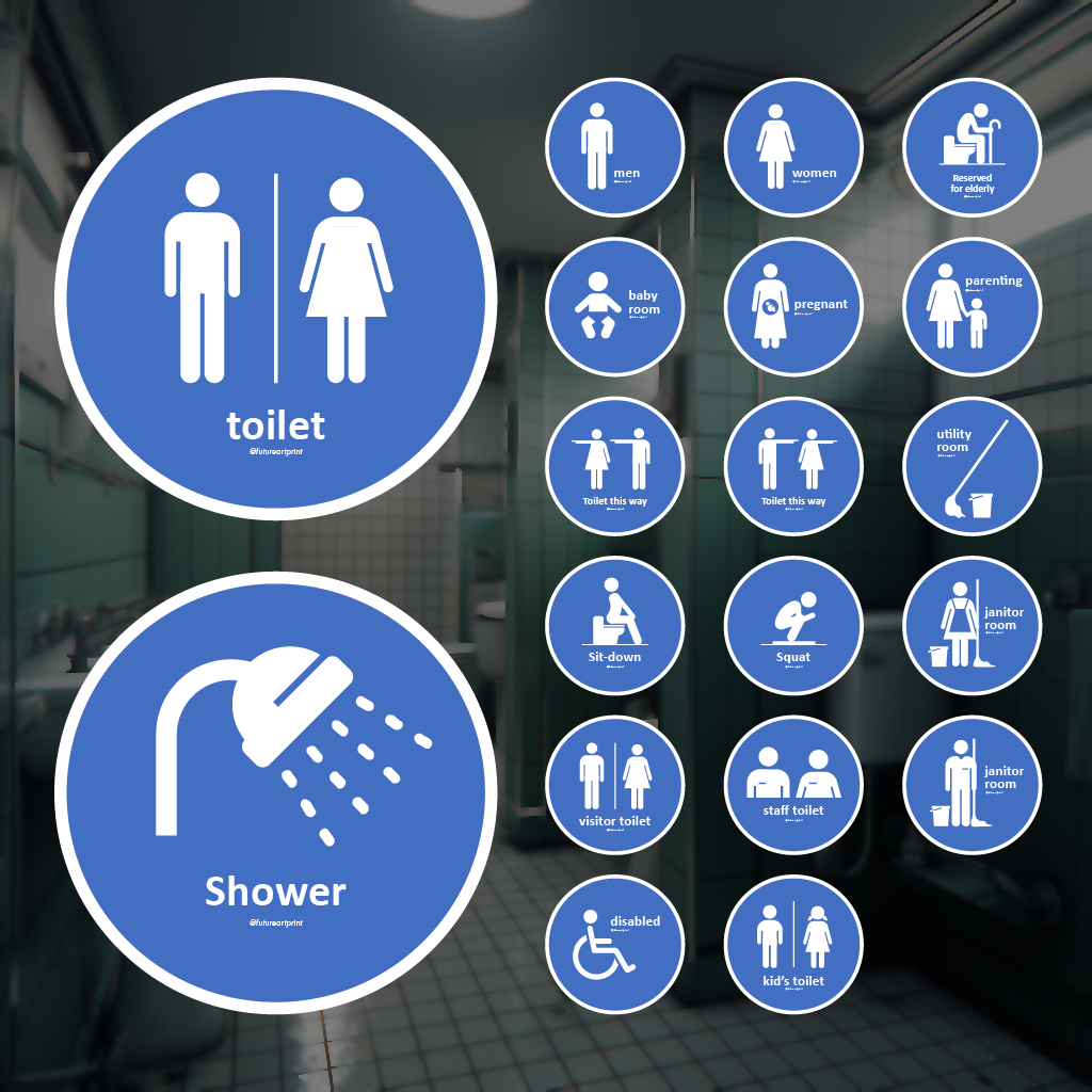 Toilet Restroom Tandas. Premium Sticker Round Sign Signage. Blue Color ...