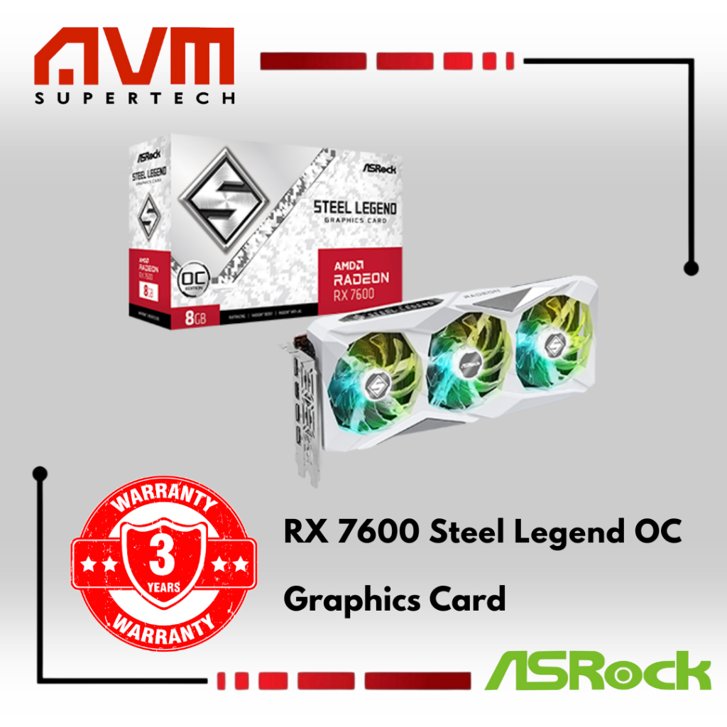 AVM ASROCK AMD RadeonTM RX 7600 Steel Legend 8GB OC GPU Graphics Card ...