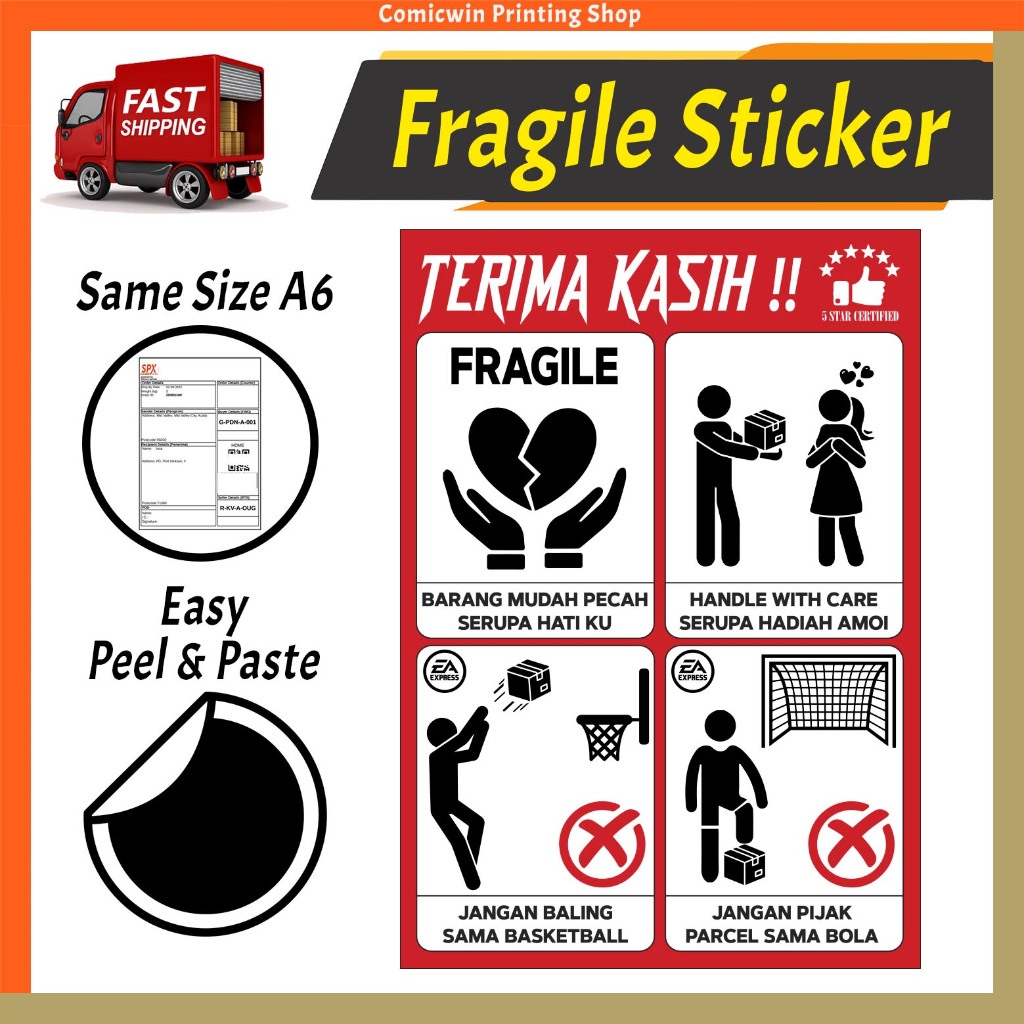 Fragile Sticker (A6 Size, 100pcs/per pack) Courier Bag Sticker, Fragile ...