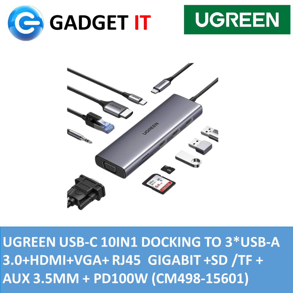 UGREEN USB-C 10IN1 DOCKING TO 3*USB-A 3.0+HDMI+VGA+ RJ45 GIGABIT +SD ...