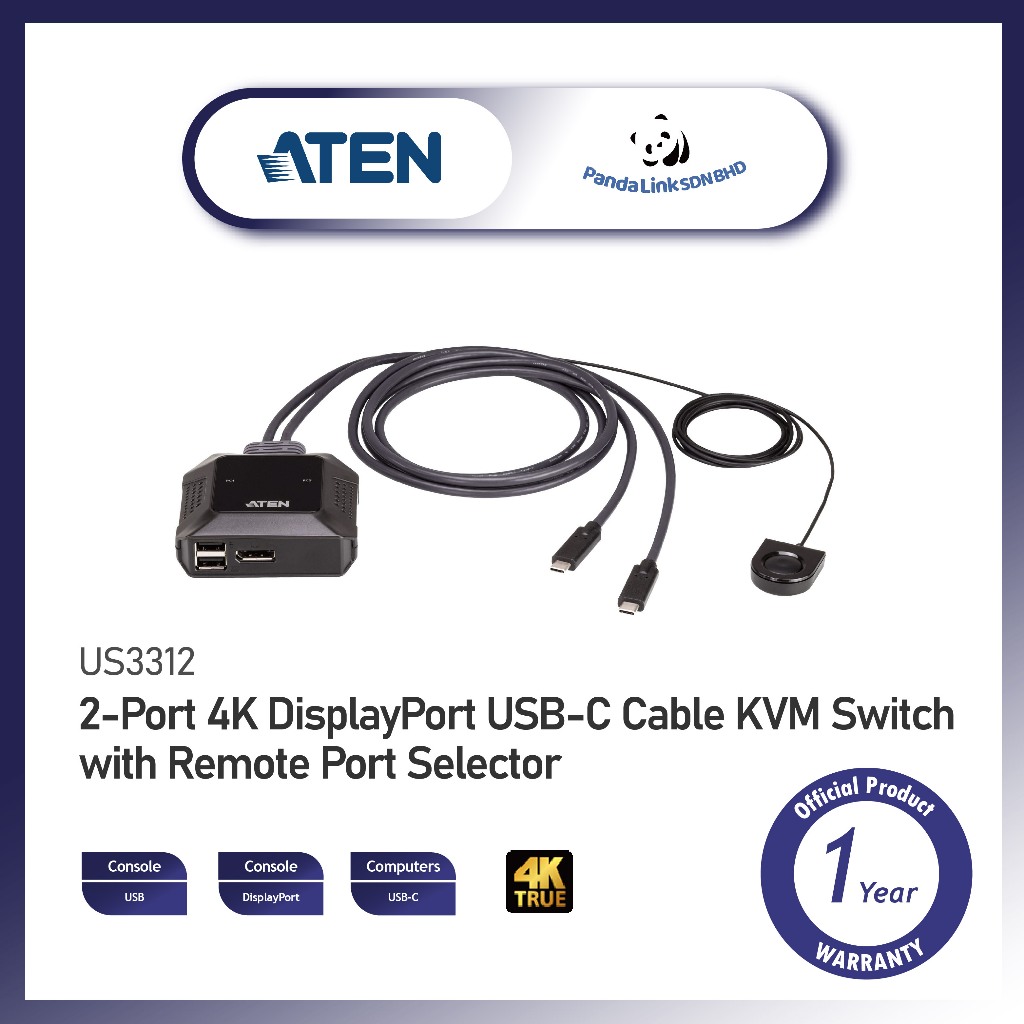 ATEN US3312 2-Port 4K DisplayPort USB-C Cable KVM Switch with Remote Port Selector | Shopee ...