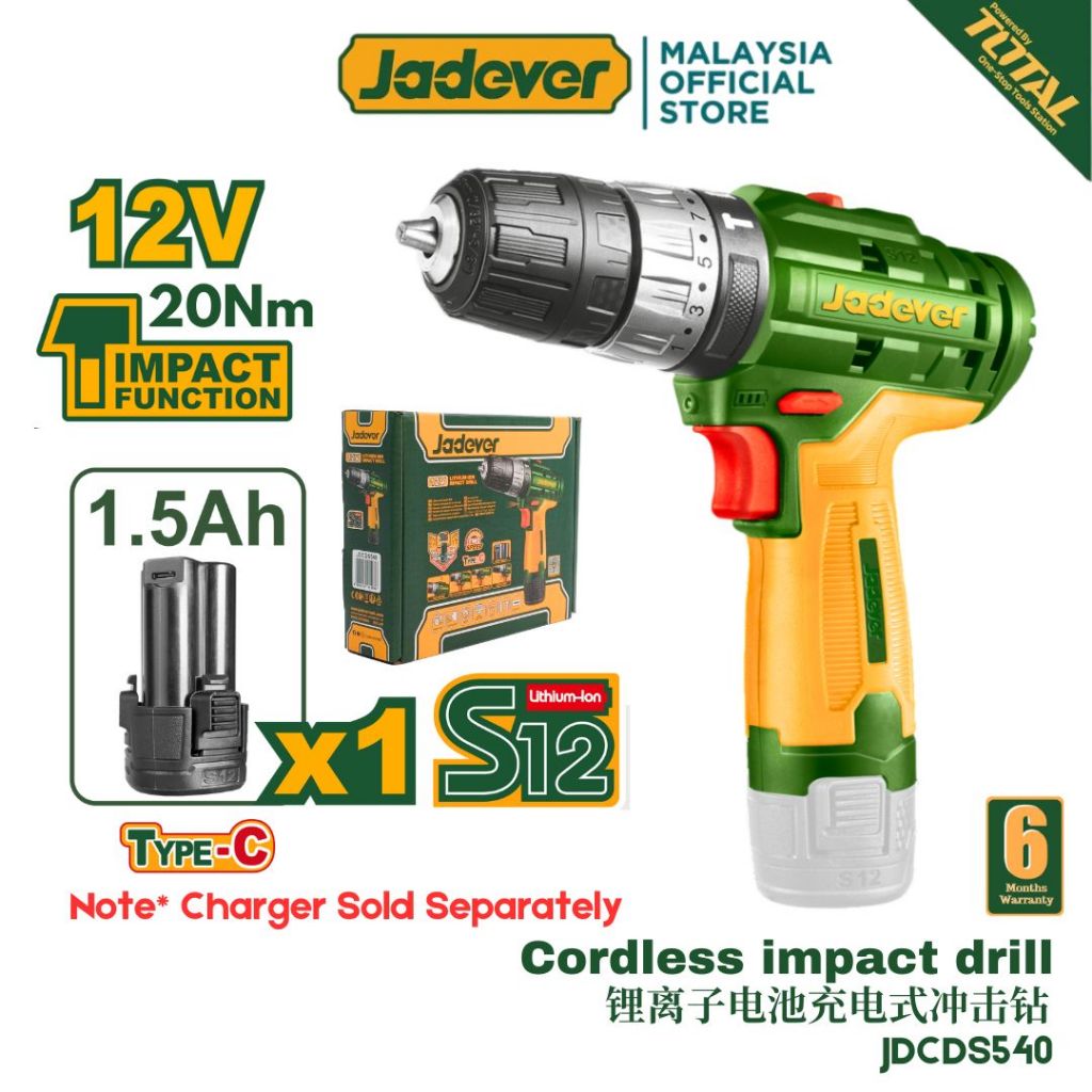 Jadever Tools S12V Li-ion Cordless Impact Drill 18+1, Battery Type-C ...