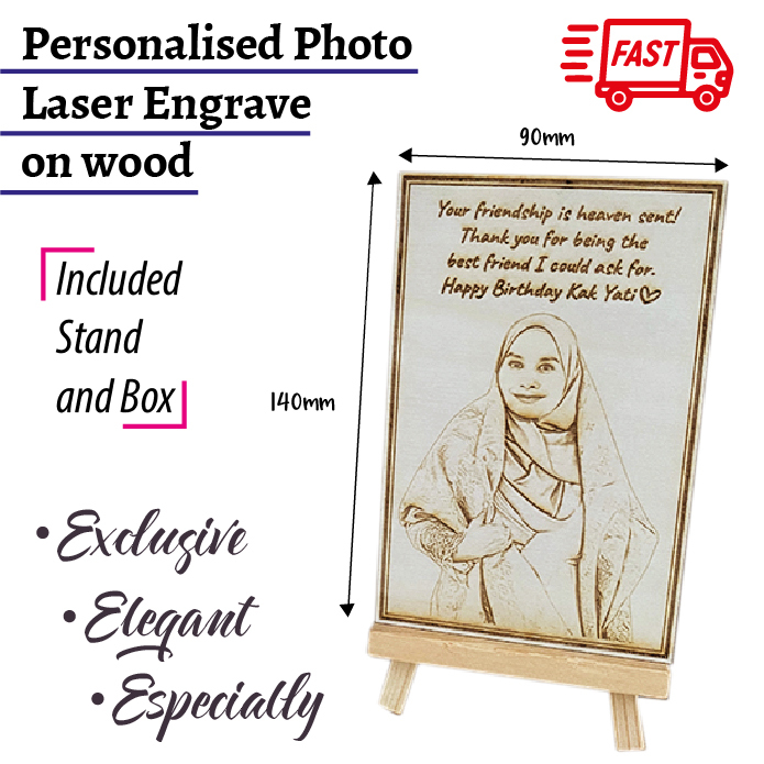Personalised engraved wooden picture frame with stand ukiran laser ...