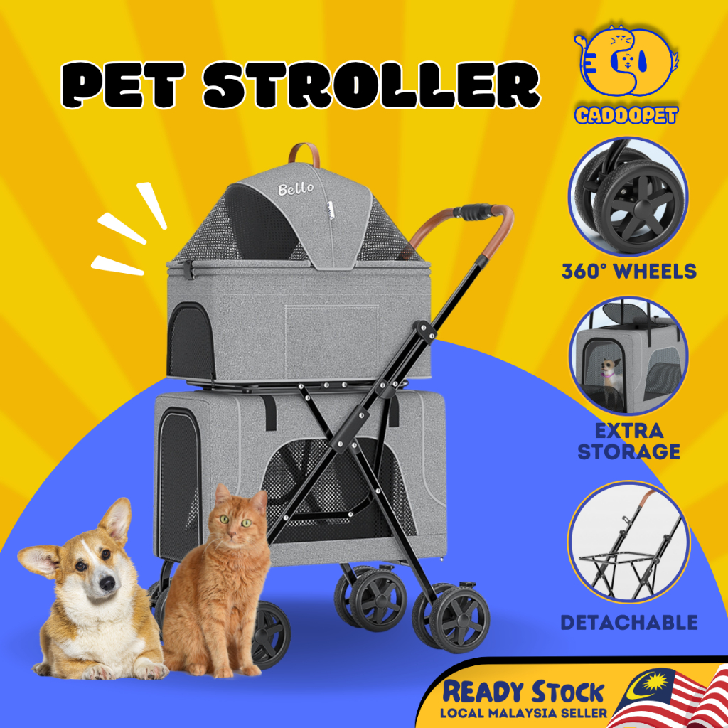 Pet Stroller Foldable 4 Wheel Bello Pet Trolley for Dog and Cat 2 Layer ...