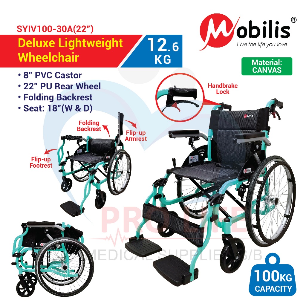 Mobilis Deluxe Lightweight Wheelchair SYIV100-30A(22”) | Shopee Singapore
