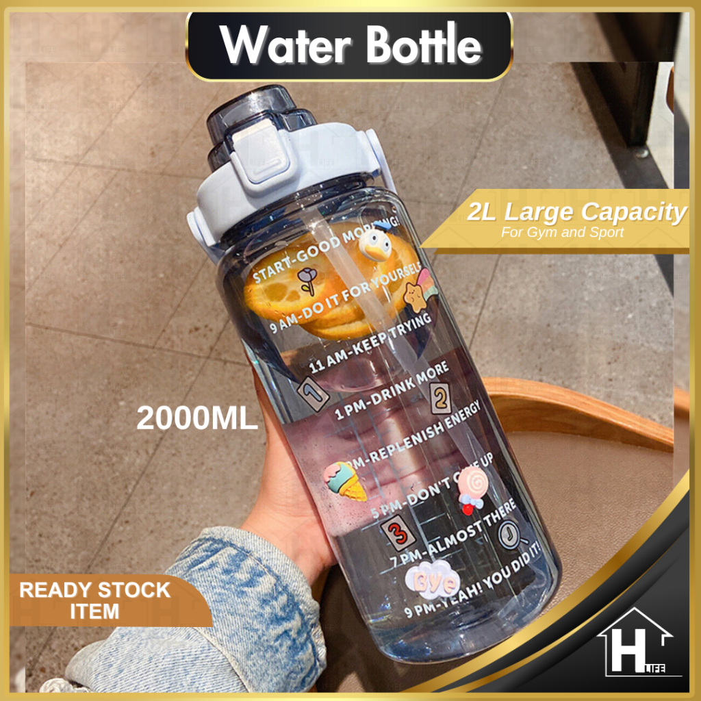 2000ml Reminder water bottle with straw scale big bottle 2Liter gym ...