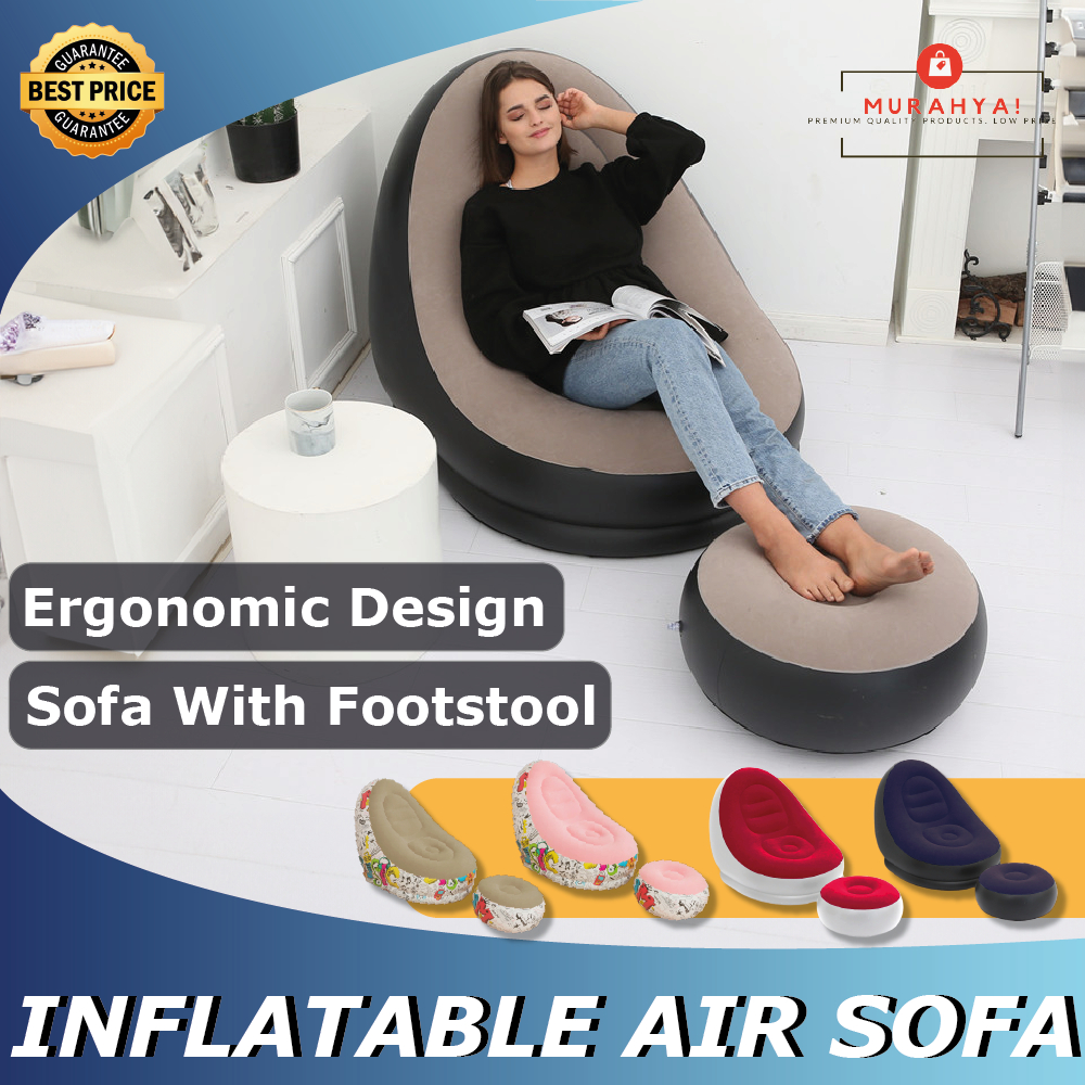 Inflatable Sofa Flocking Air Chair with Footstool Lazy Sof floor sofa ...