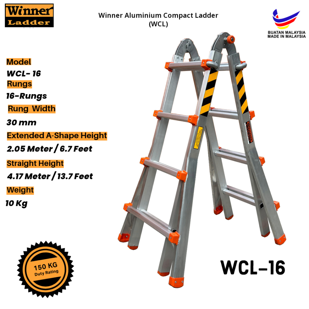 Winner Aluminium Compact Ladder WCL-16 Multipurpose Ladder 16 Step ...