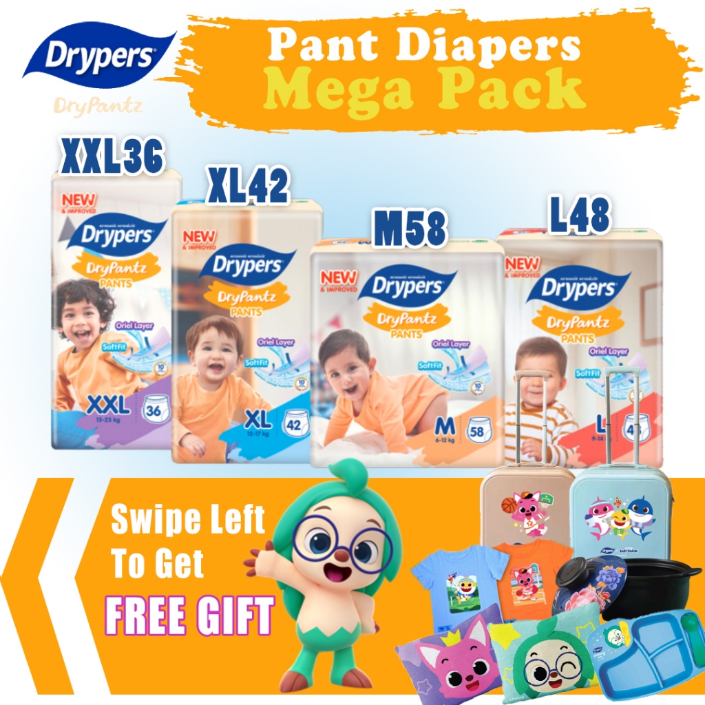 Drypers Drypantz Pant Diapers Mega Pack M58, L48, XL42, XXL36 | Shopee ...