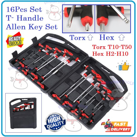 16pcs CR-V T-Handle Ball End Hex Key Wrench Set Torx Star Allen keys ...