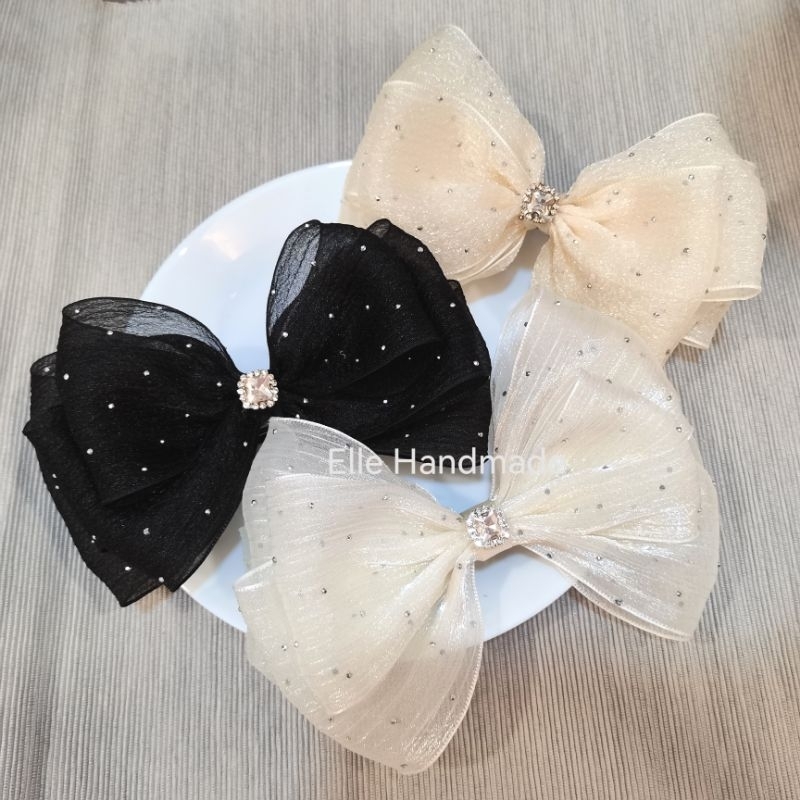 Elegant Big Bow Ribbon Hair Clip Ribbon 百搭时尚烫钻欧根纱带大蝴蝶结发夹 | Shopee Singapore