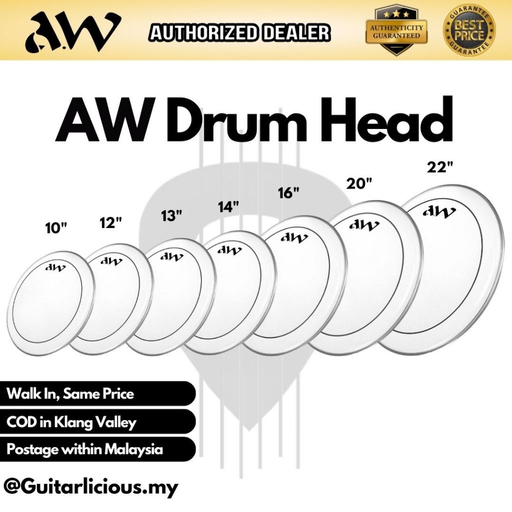 AW 2 ply Clear Drum Skin / Drum Head 10 inch / 12 inch / 13 inch / 14 ...