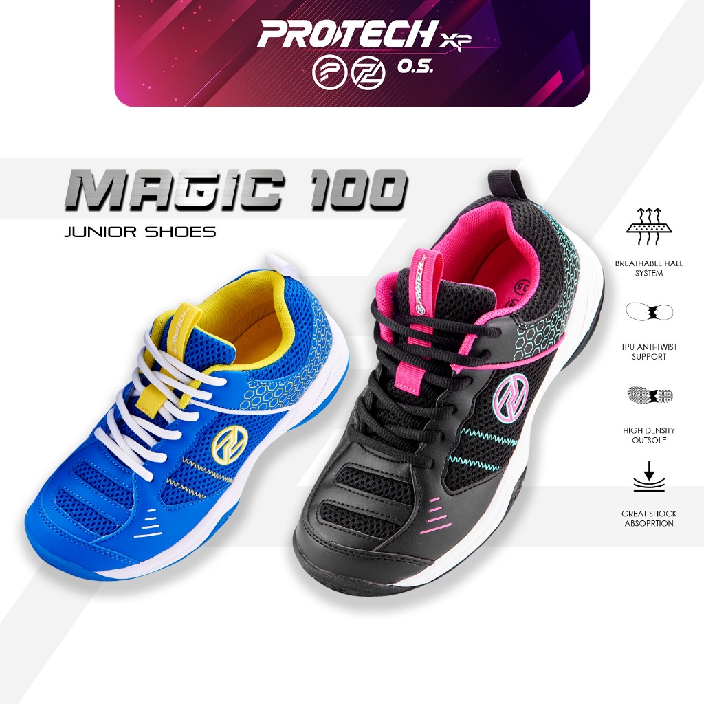 PROTECH Junior Badminton Court Shoes- Magic 100 (Black & Blue) | Shopee ...