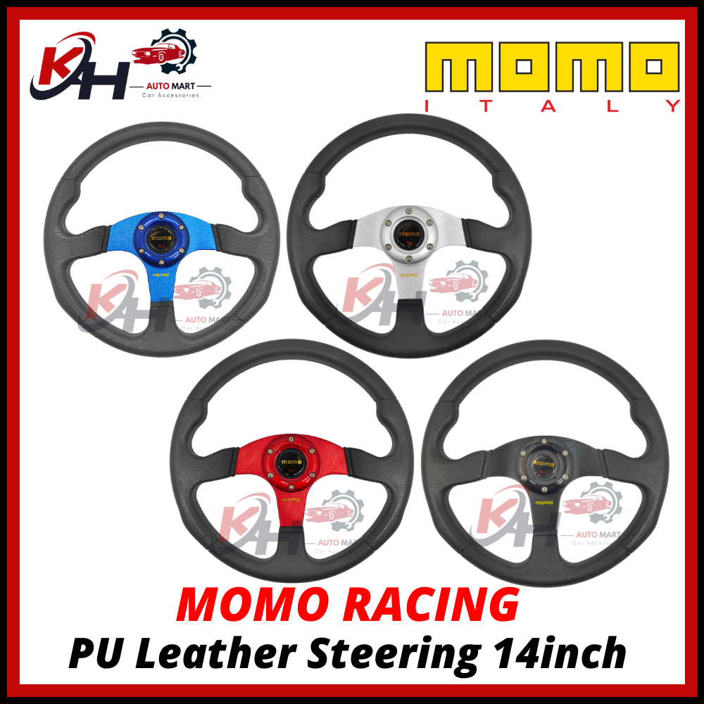 PU Leather 14 inch MOMO Racing Sport Steering Wheel JDM Universal Car Use RED BLUE BLACK SILVER ...