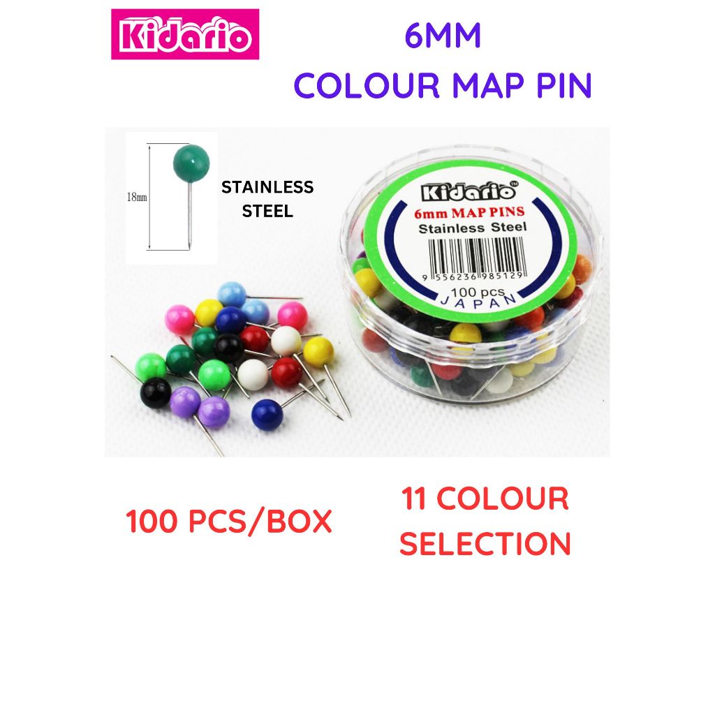 [ 6mm ) KIDARIO STAINLESS STEEL COLOUR MAP PINS (100pcs) / PAKU TEKAN ...