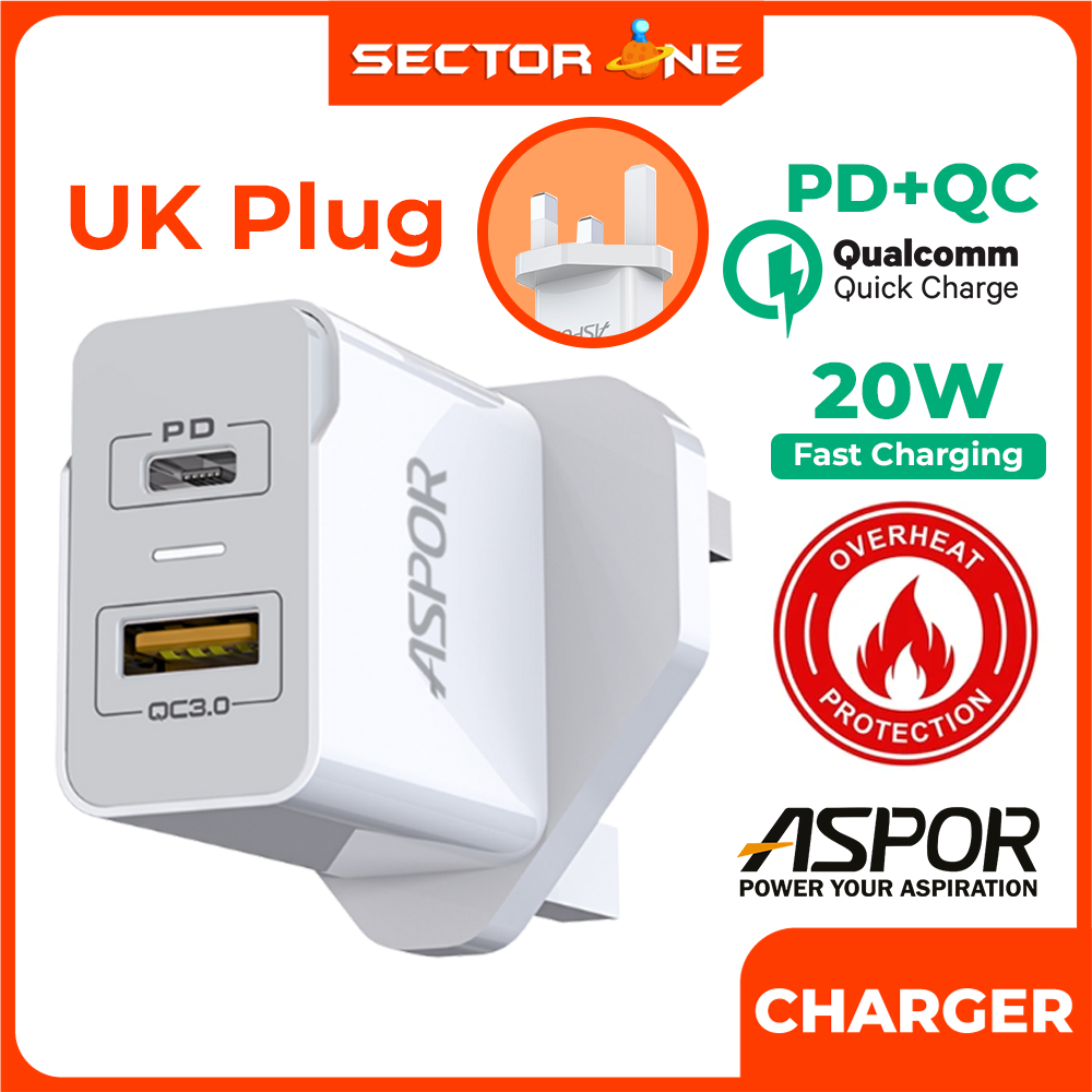 ASPOR 20W PD+QC3.0 Dual Port USB Type C Fast Charging UK Wall Plug ...