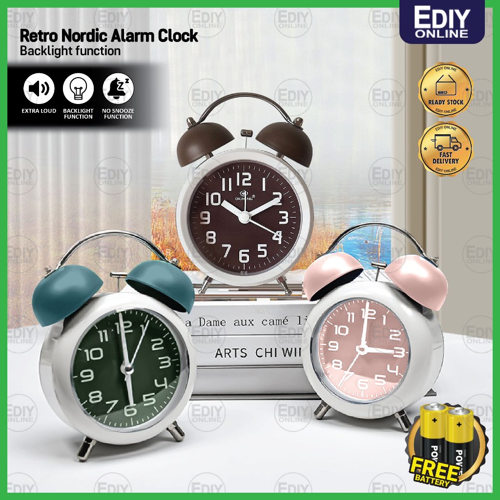 Retro Nordic Alarm Clock Quartz Twin Bell Analogue Jam Tidur Loceng ...