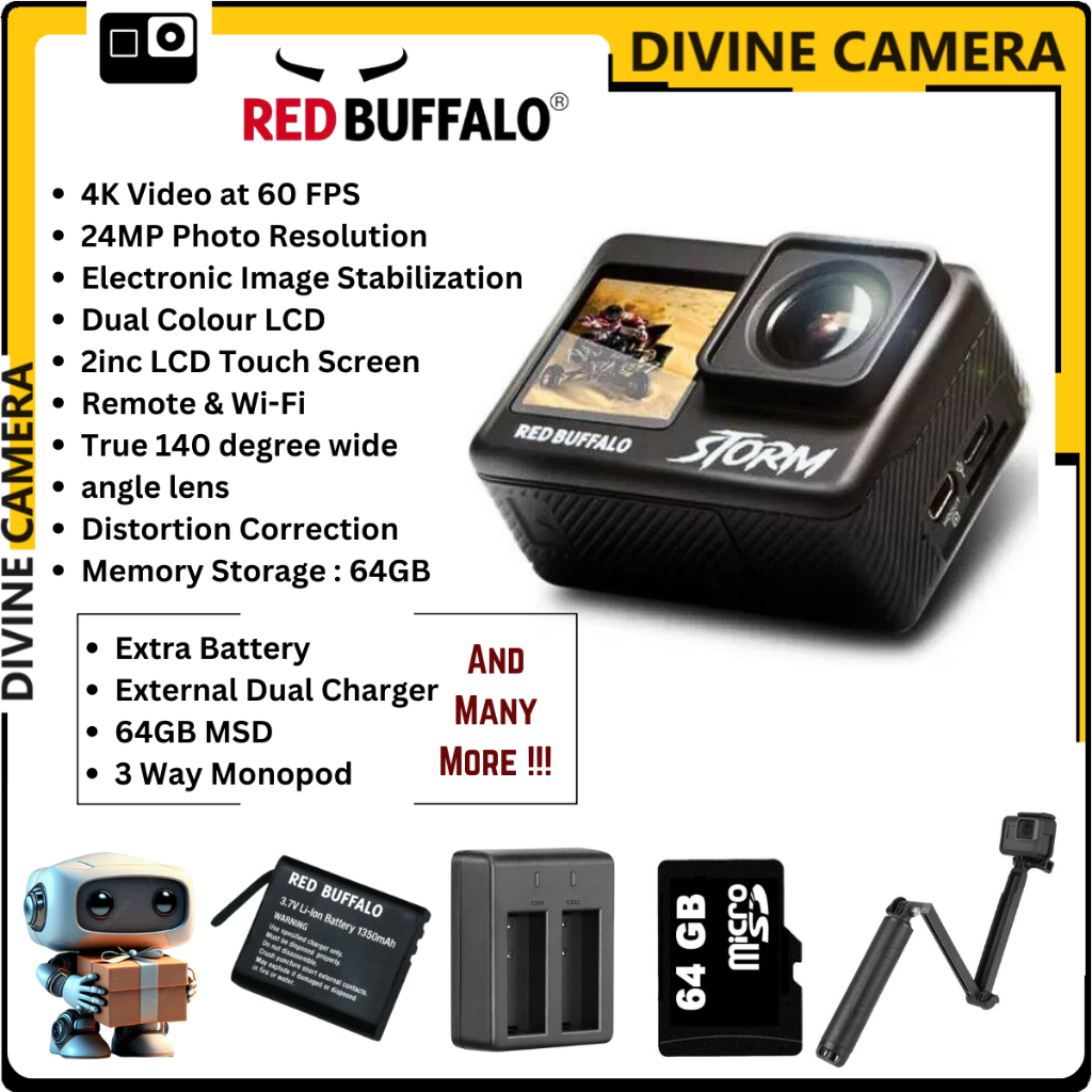 RED BUFFALO AC-STORM ACTION CAMERA DUAL SCREEN 4K/60fps 24MP 140 WIDE ...