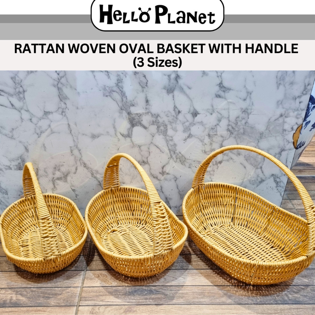 Plastic Rattan Woven Oval Fruit Basket w Handle 3 Sizes |藤纸绳手提礼篮托盘 ...