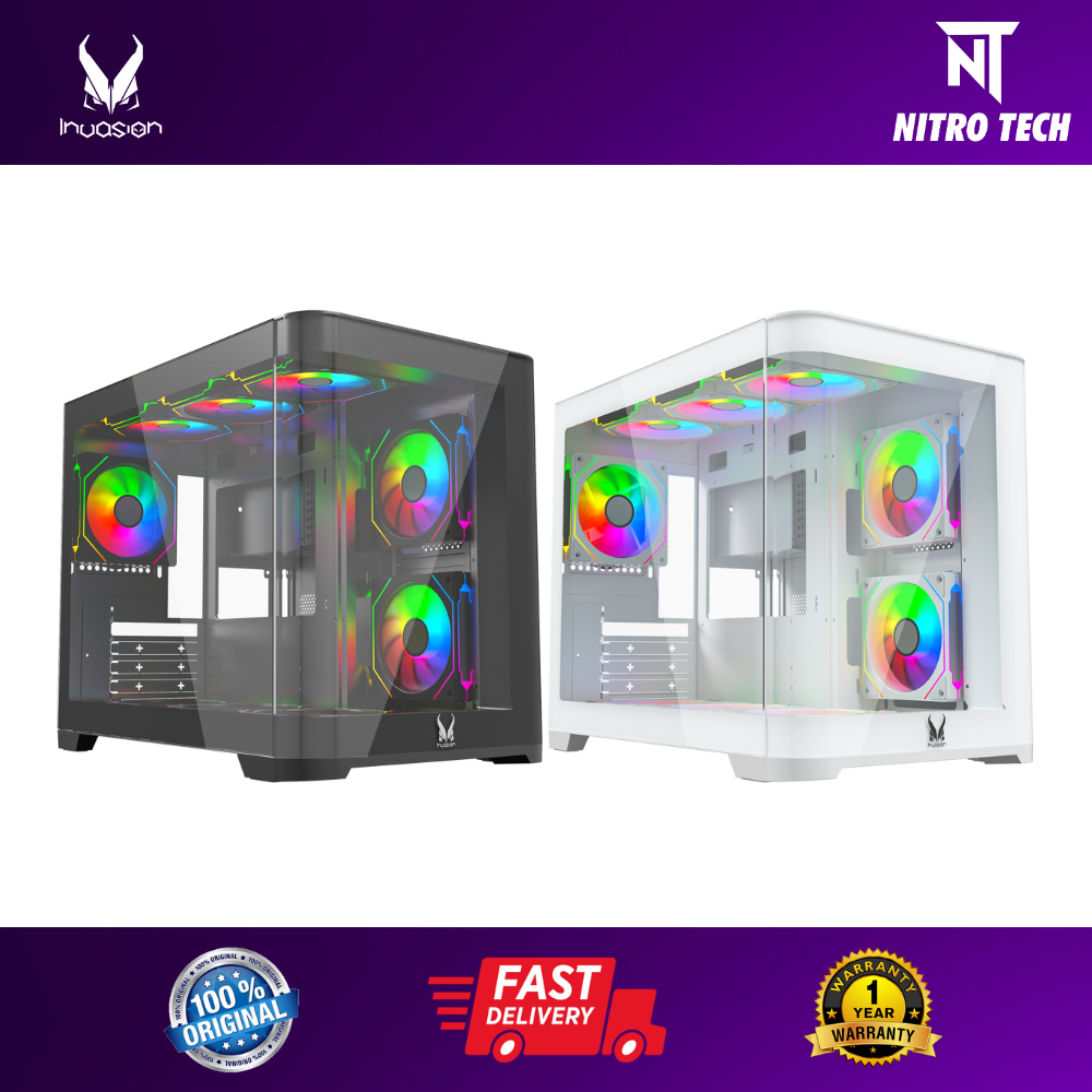 Invasion D-5000 ARGB Dual Chamber mATX Chassis PC Case (4x ARGB fans ...