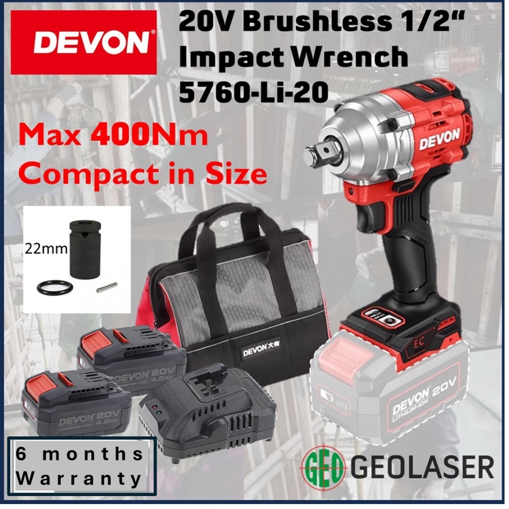 Devon 20V Brushless 1/2" Impact Wrench 5760-Li-20 with Battery ...