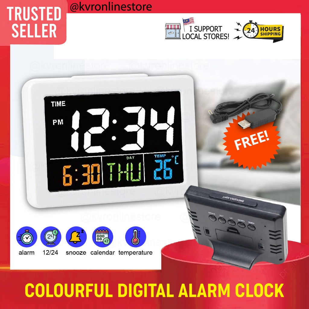 Digital Alarm Clock Colourful LED Large Screen Clock Time Date ...