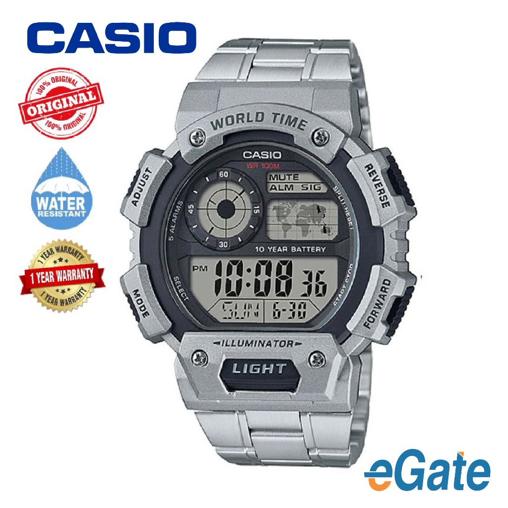 Casio AE-1400WHD-1AV Men Digital World Map Silver Stainless Steel Strap ...