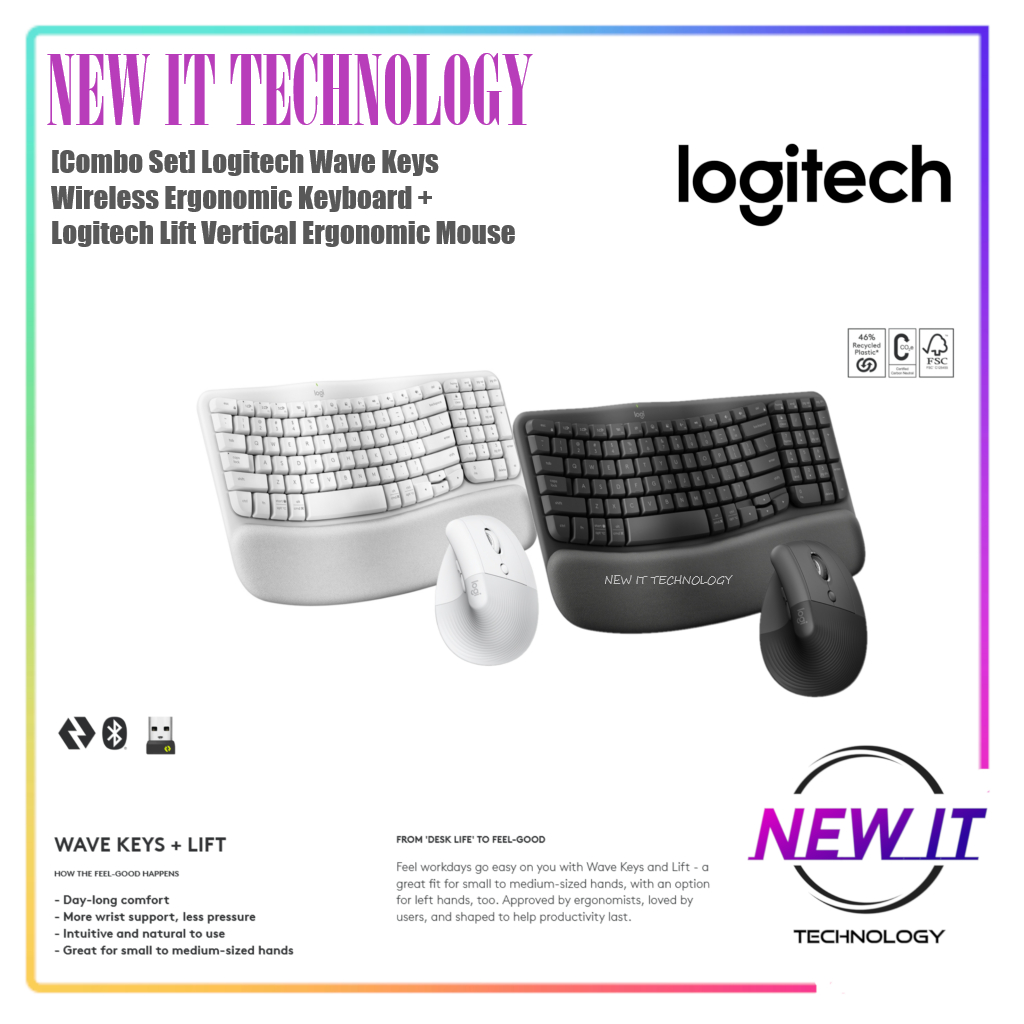 Logitech Wave Keys Wireless Bluetooth Ergonomic Keyboard With Cushioned ...