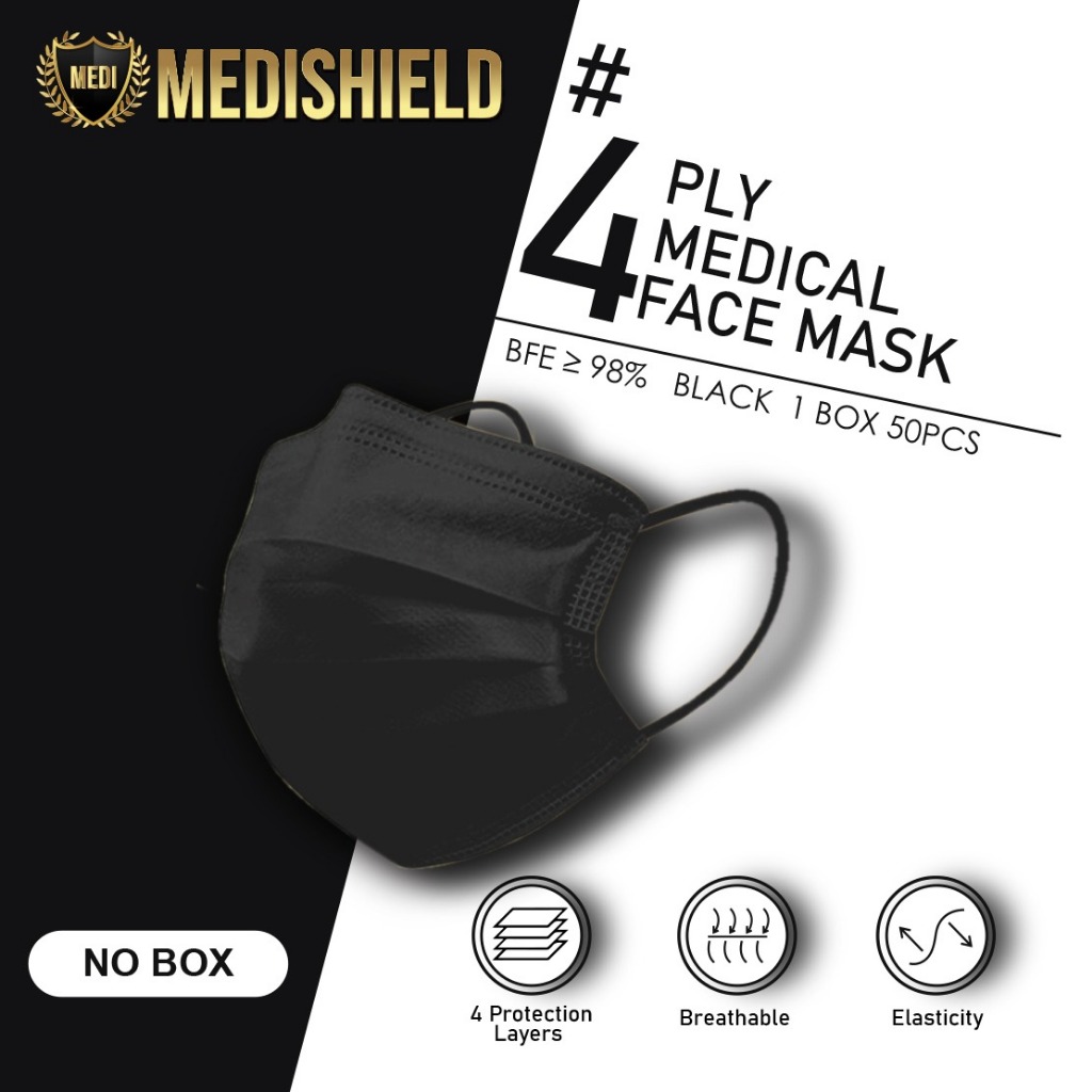 Medishield 4ply Medical Face Mask - Black (50Pcs) | Shopee Singapore