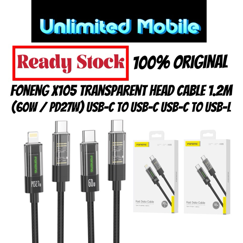 ️ FONENG X105 1.2M TRANSPARENT HEAD BRAIDED CABLE (60W / PD27W) | Shopee Singapore