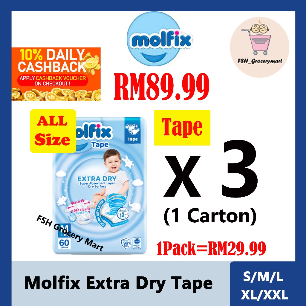 Molfix Extra Dry Super Jumbo Tape Diapers - NB64/S80/M60/L58/XL50/XXL40 ...