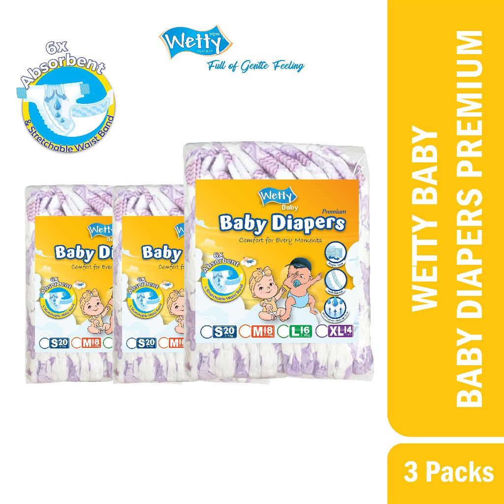 WETTY BABY Disposable Baby Diapers Premium Tape Lampin Bayi Size S/M/L ...