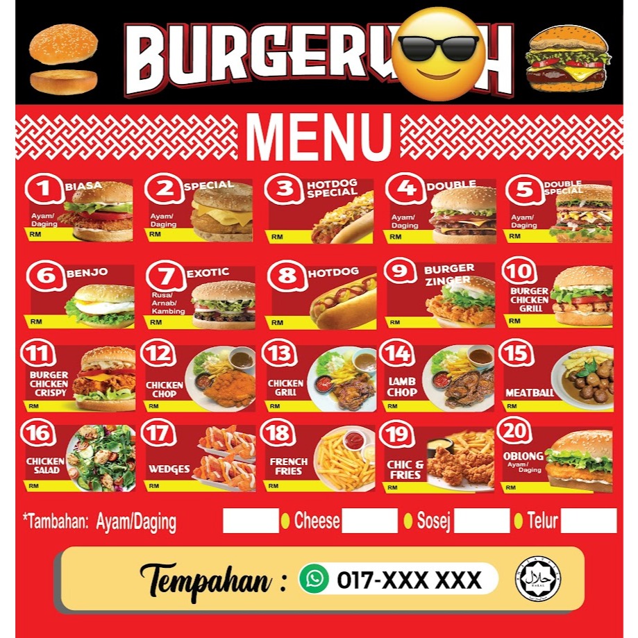 STIKER MENU BURGER AWESOME RED AND BURGER PICTURE AND SELF FILL PRICE ...