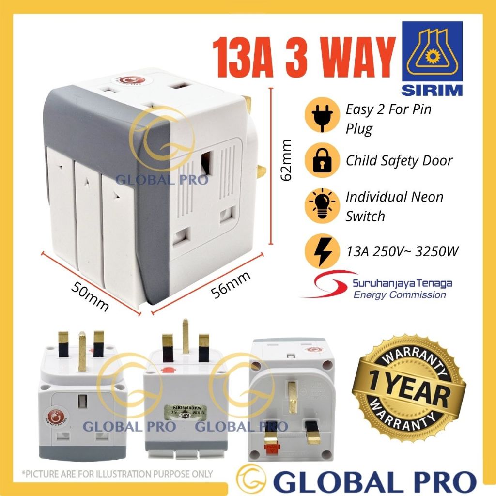 13A 3WAY Adaptor Surge Protector Neon Light Safety Shutter 13A Easy for ...