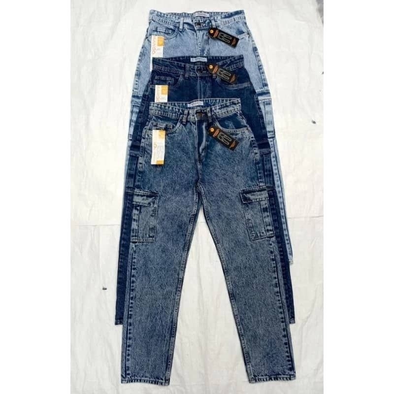 New Design Men's Denim Acid Wash Cargo Jeans kain tabal dan Soft Denim ...