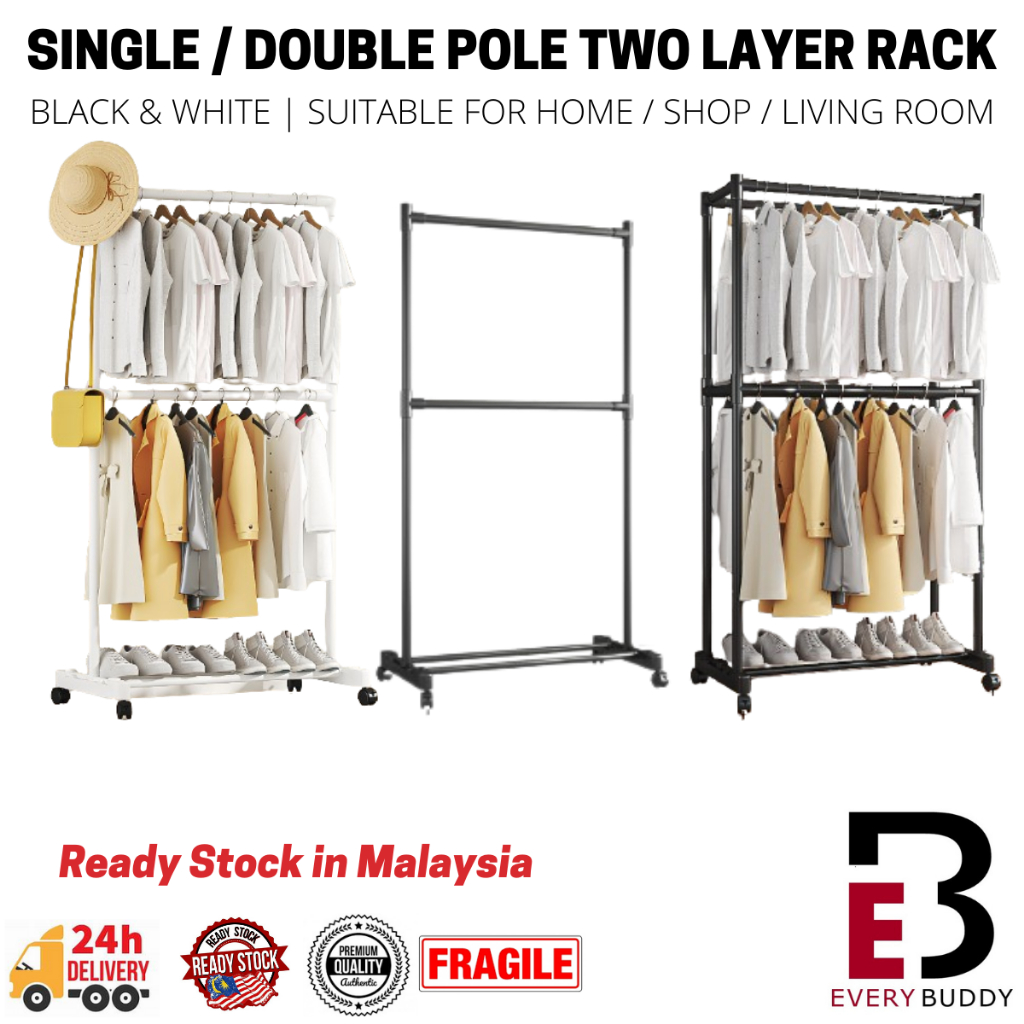 EB Mall Single Double Pole Clothes Hanging Rack with wheels Cloth ...