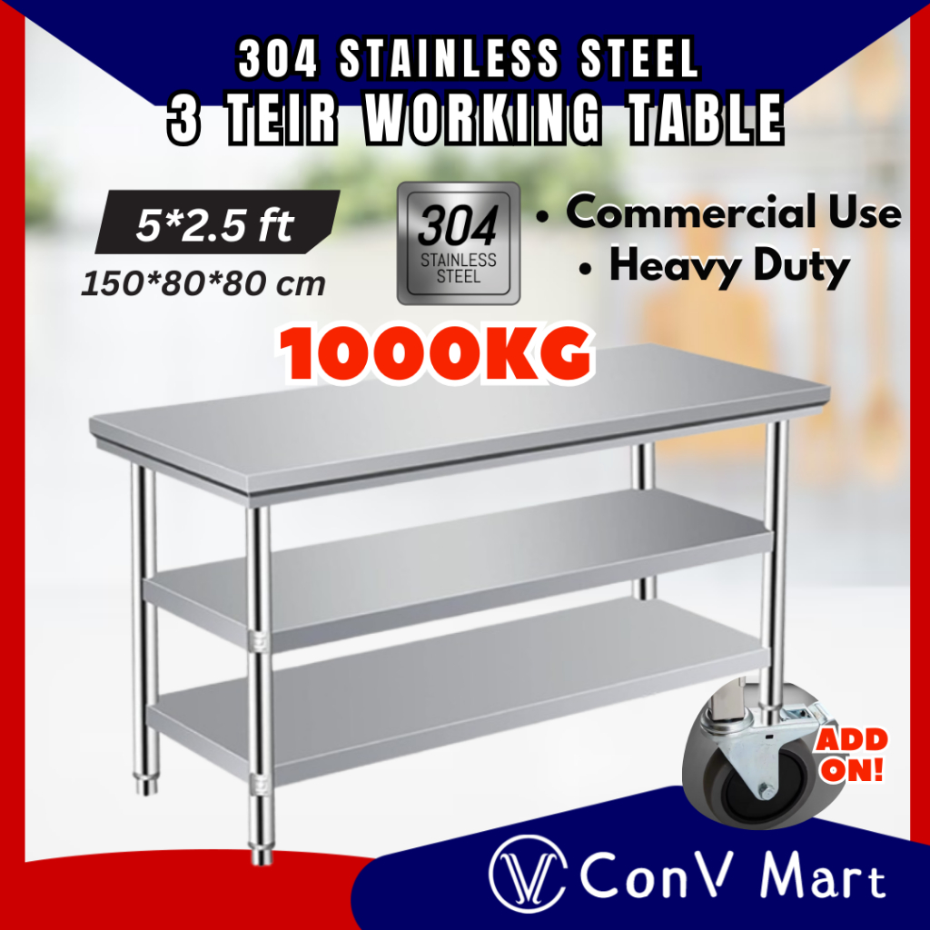 [3Tier 150*80*80cm (5*2.5FT)] Stainless Steel Working Table Kitchen ...