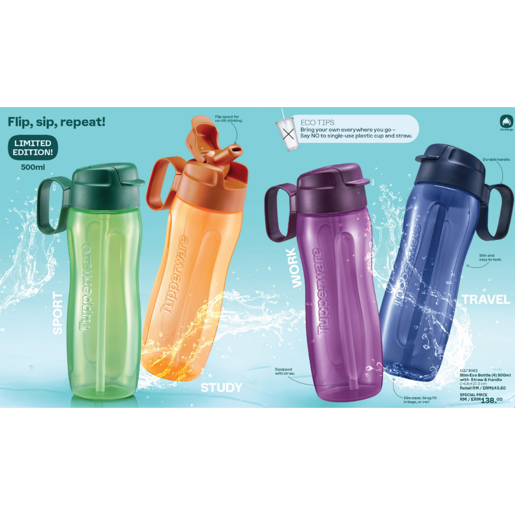 Tupperware Slim Eco Bottle 500ml with straw (4pcs) | Shopee Singapore