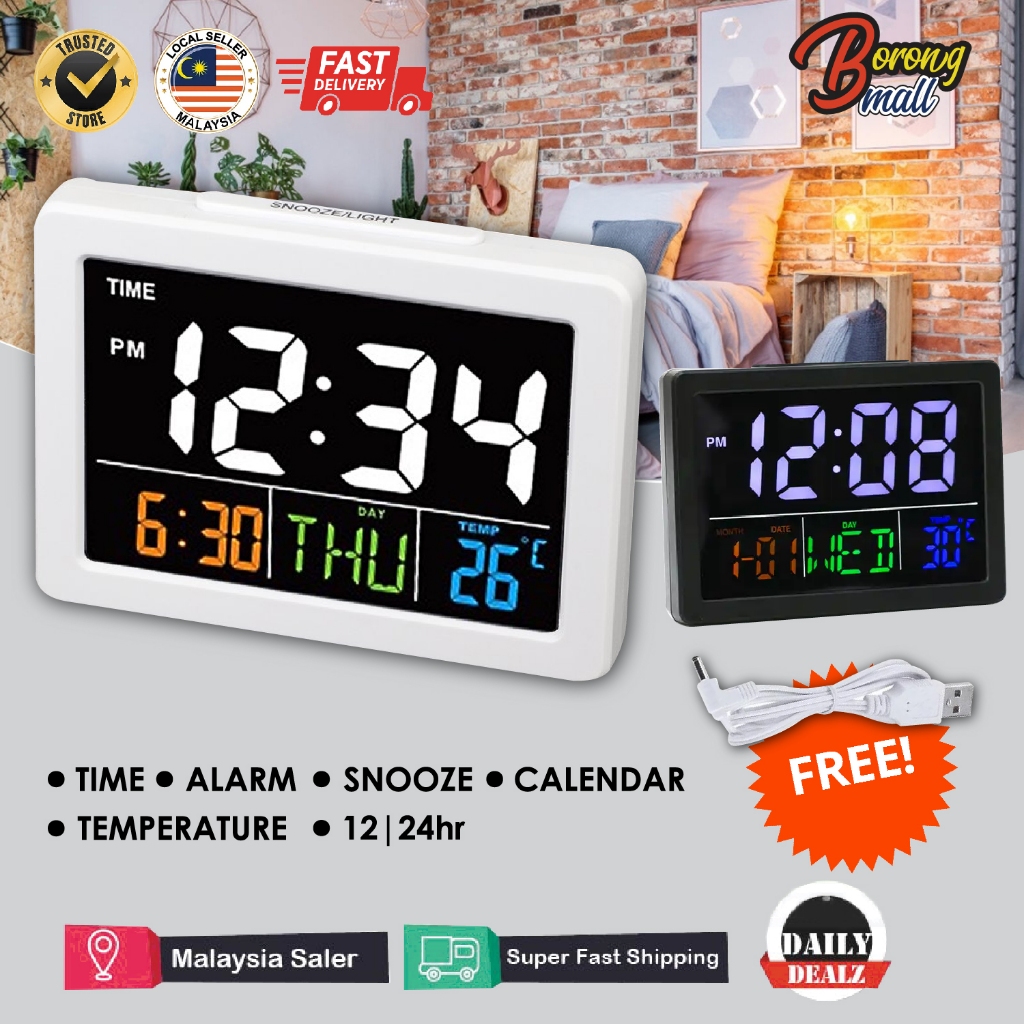 Digital Alarm Clock Colourful LED Large Screen Clock Time Date ...