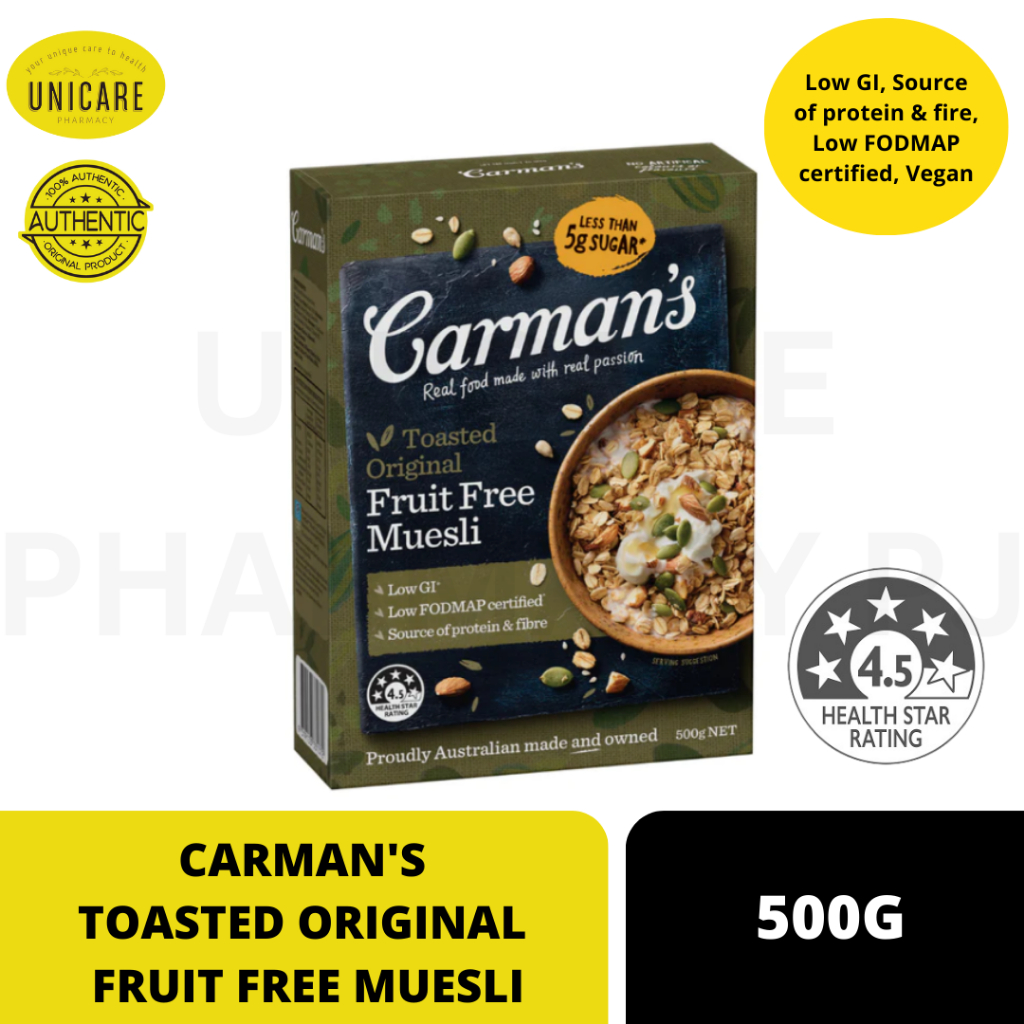 CARMAN'S TOASTED FRUIT FREE MUESLI 500G. Low GI, Source of protein ...