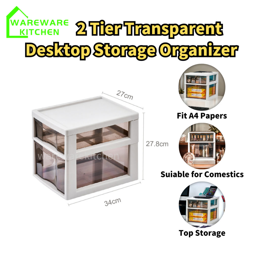 2 Tier Transparent Desktop Storage Drawer Desk Organizer Office Home ...