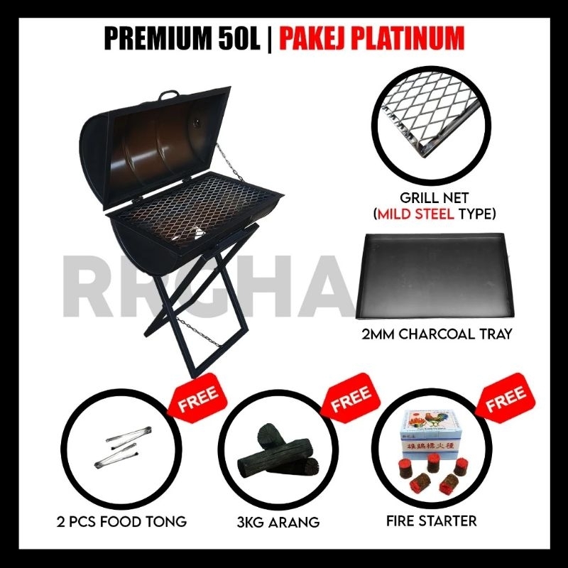 BBQ Grill Outdoor Drum Set Tong Drum 50L BBQ Set Complete With Mild Steel Grill Net Medium Size ...