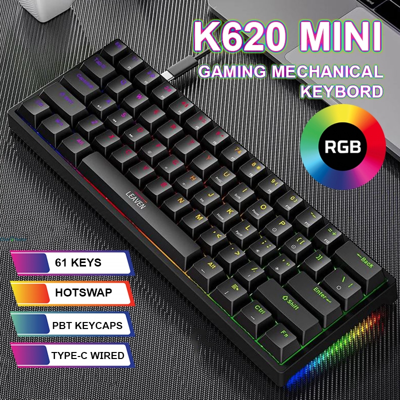 VEETECH K620 Mini Gaming Mechanical Keyboard 61 Keys RGB Hotswap Type-C ...