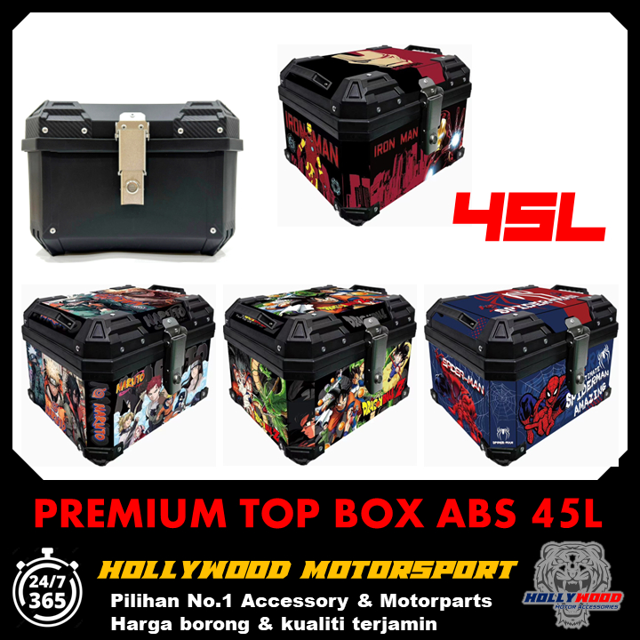 TANKER 45L ABS TOP BOX ALUMINIUM PREMIUM LOCK BLACK , IRON MAN , NARUTO ...