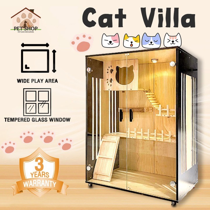High End Premium Wood Tempered Glass Cat Villa Sangkar Kucing giant Cat ...